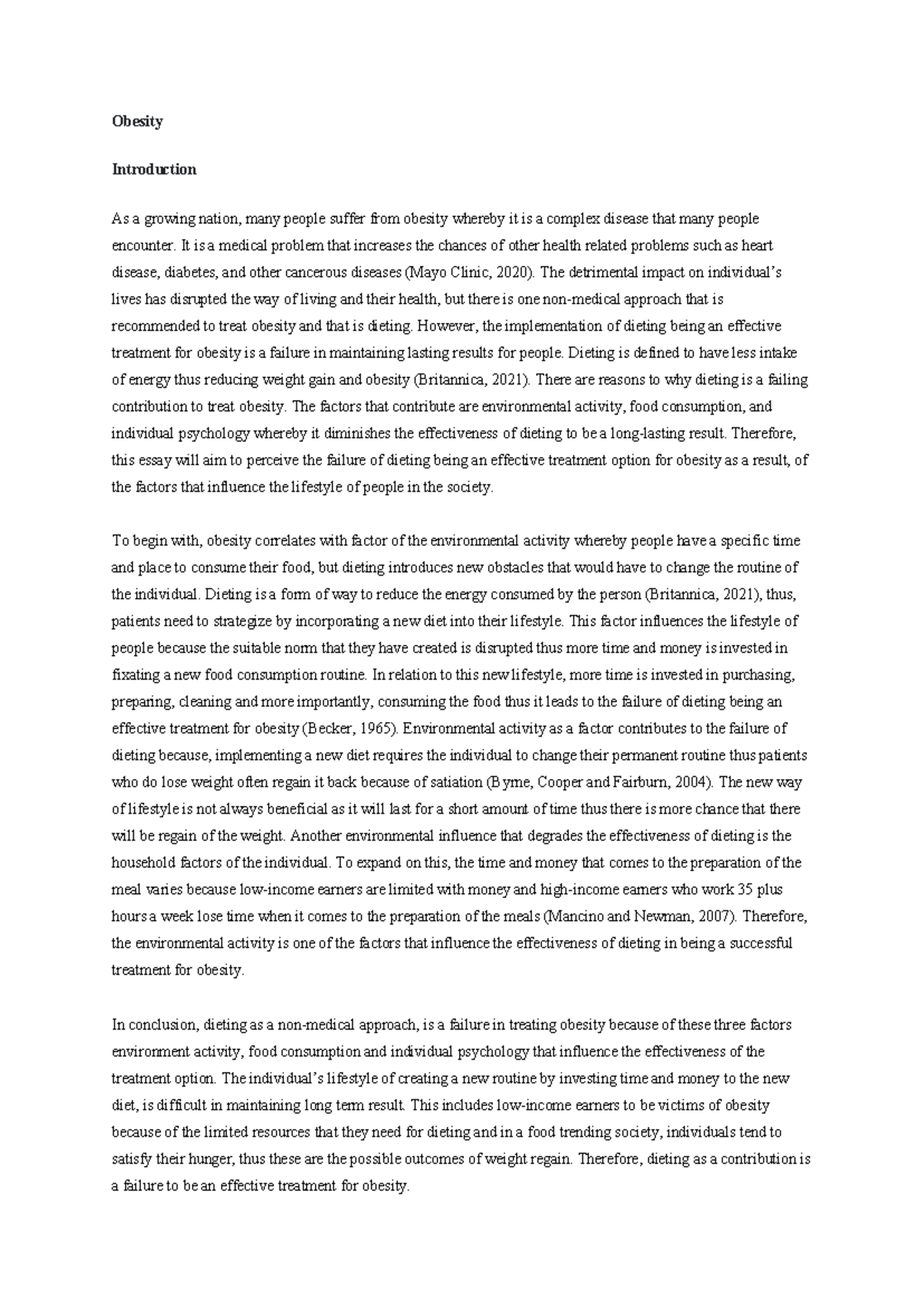 PSYU Essay - Obesity Introduction As a growing nation, many people ...