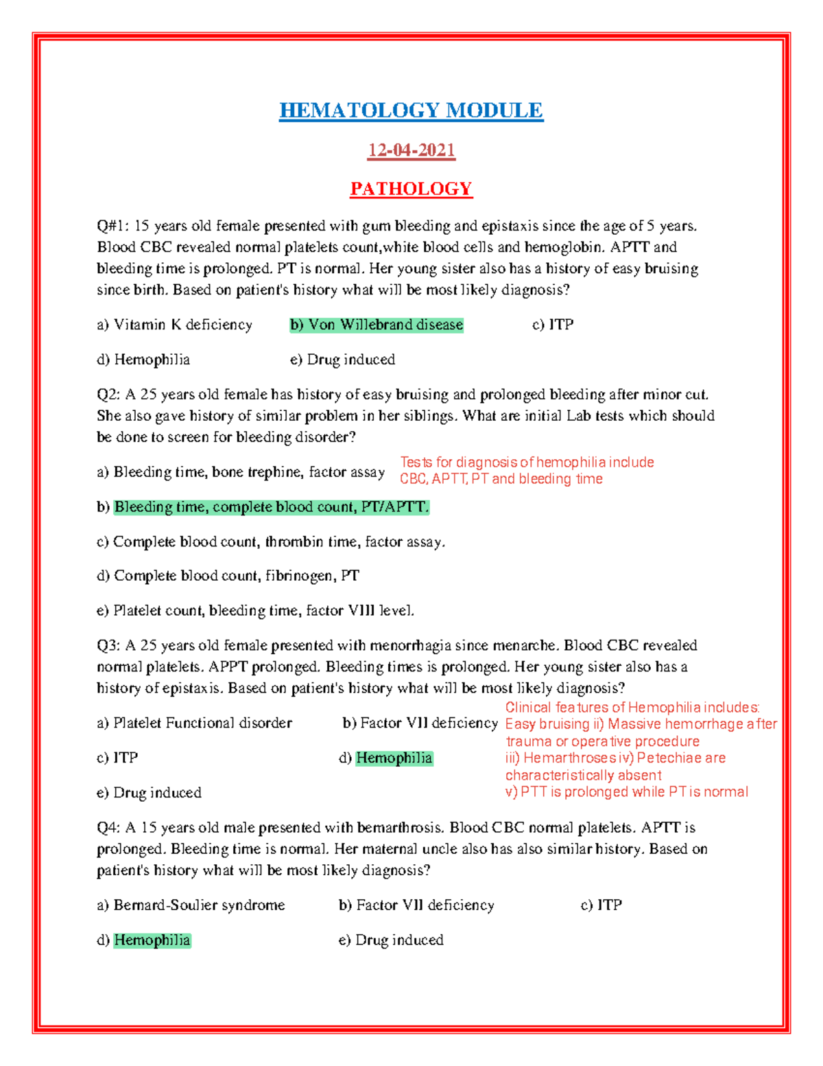 Solved D24 Hematology Module - HEMATOLOGY MODULE 12-04- PATHOLOGY Q#1: ...