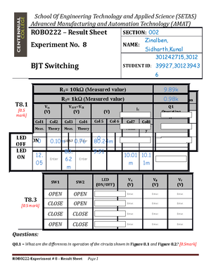 ROBO-222 EXP7 Zener Diode and LED Result Sheet Fillable - School Of Engineering Technology and ...