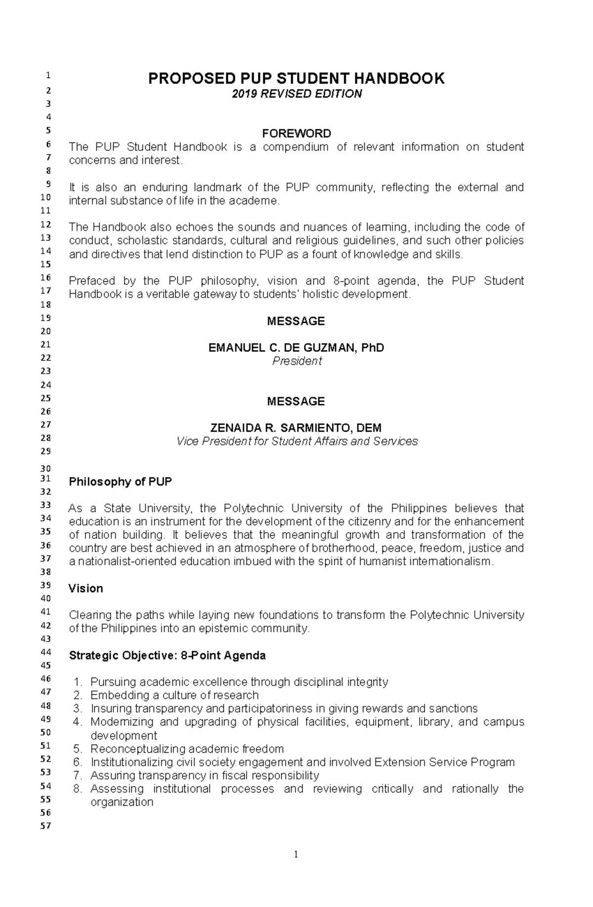 Proposed Student Hand Book 2019 with Line Numbers - PROPOSED PUP ...