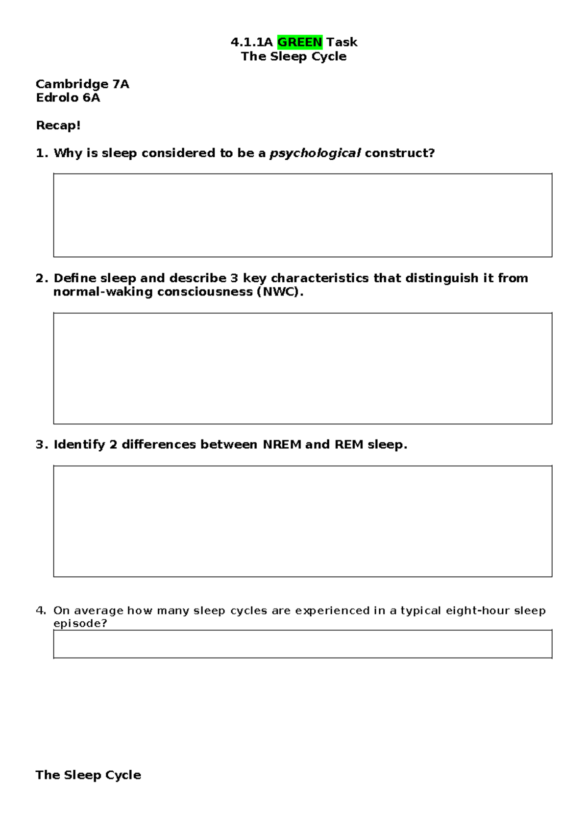 4.1.1B Psychology Task - 4.1 GREEN Task The Sleep Cycle Cambridge 7A ...