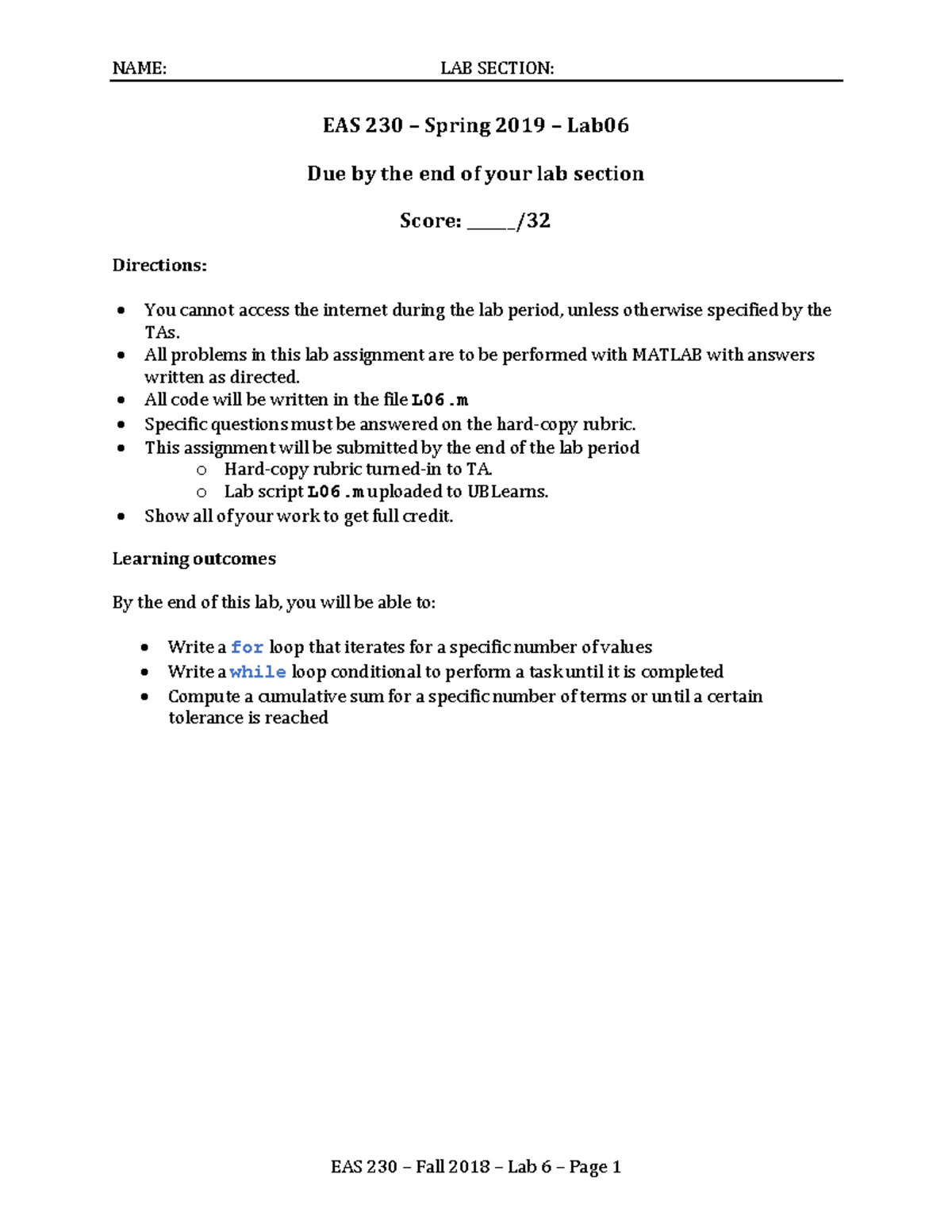 Lab6 Lab Warning Tt Undefined Function 32 Eas 230 Spring 2019 Lab Due By The End Of