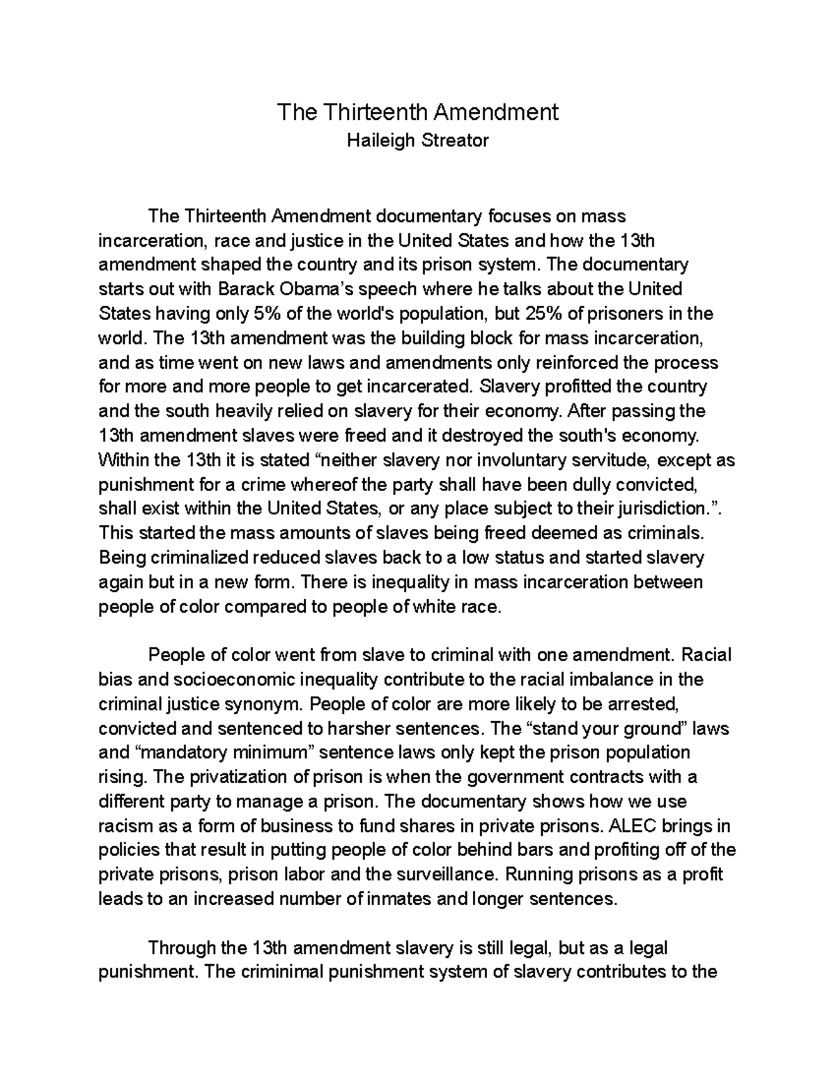 The Thirteenth Amendment - The Thirteenth Amendment Haileigh Streator ...