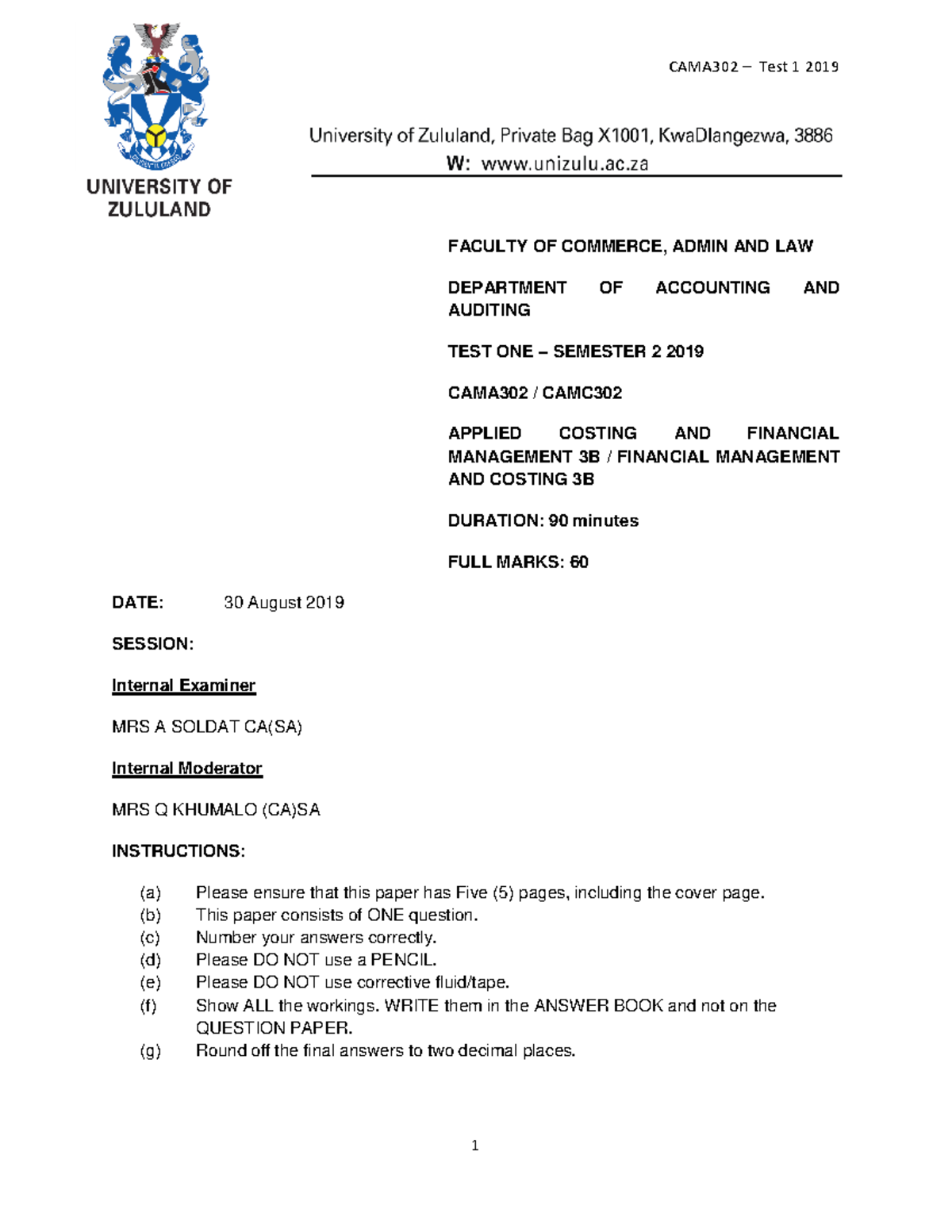 CAMA302 Test 1 2019 Final - FACULTY OF COMMERCE, ADMIN AND LAW ...