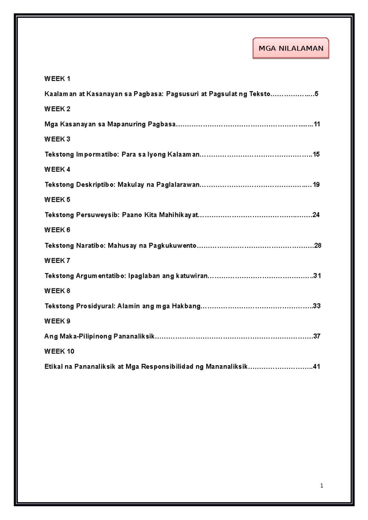 grade 12 filipino modules - MGA NILALAMAN WEEK Kaalaman at Kasanayan sa ...