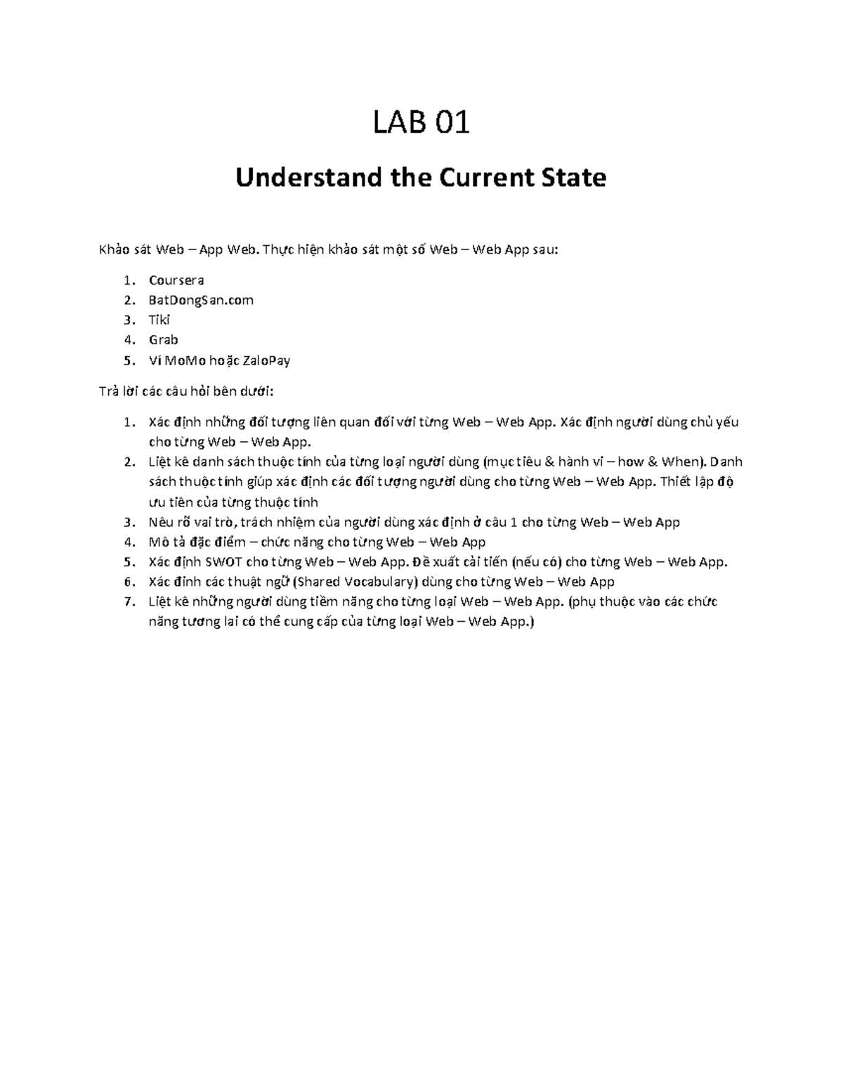 Lab01 - Lab 1 - LAB 01 Understand the Current State Khảo sát Web – App Web. Thực hiện khảo sát ...