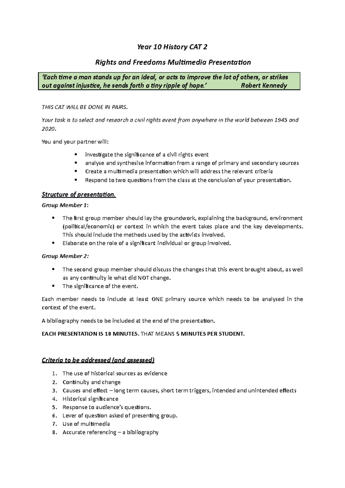 CAT Task Civil Rights Movement from 1931 to 2020 - Year 10 History CAT ...