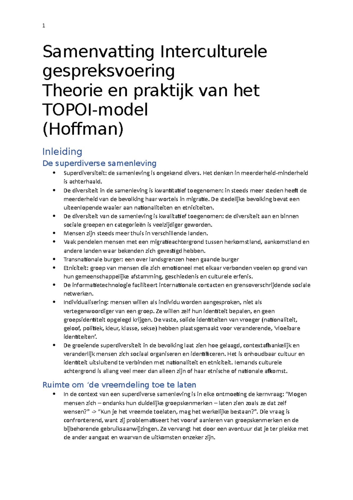 Samenvatting Interculturele gespreksvoering Theorie en praktijk van het TOPOI-model ...
