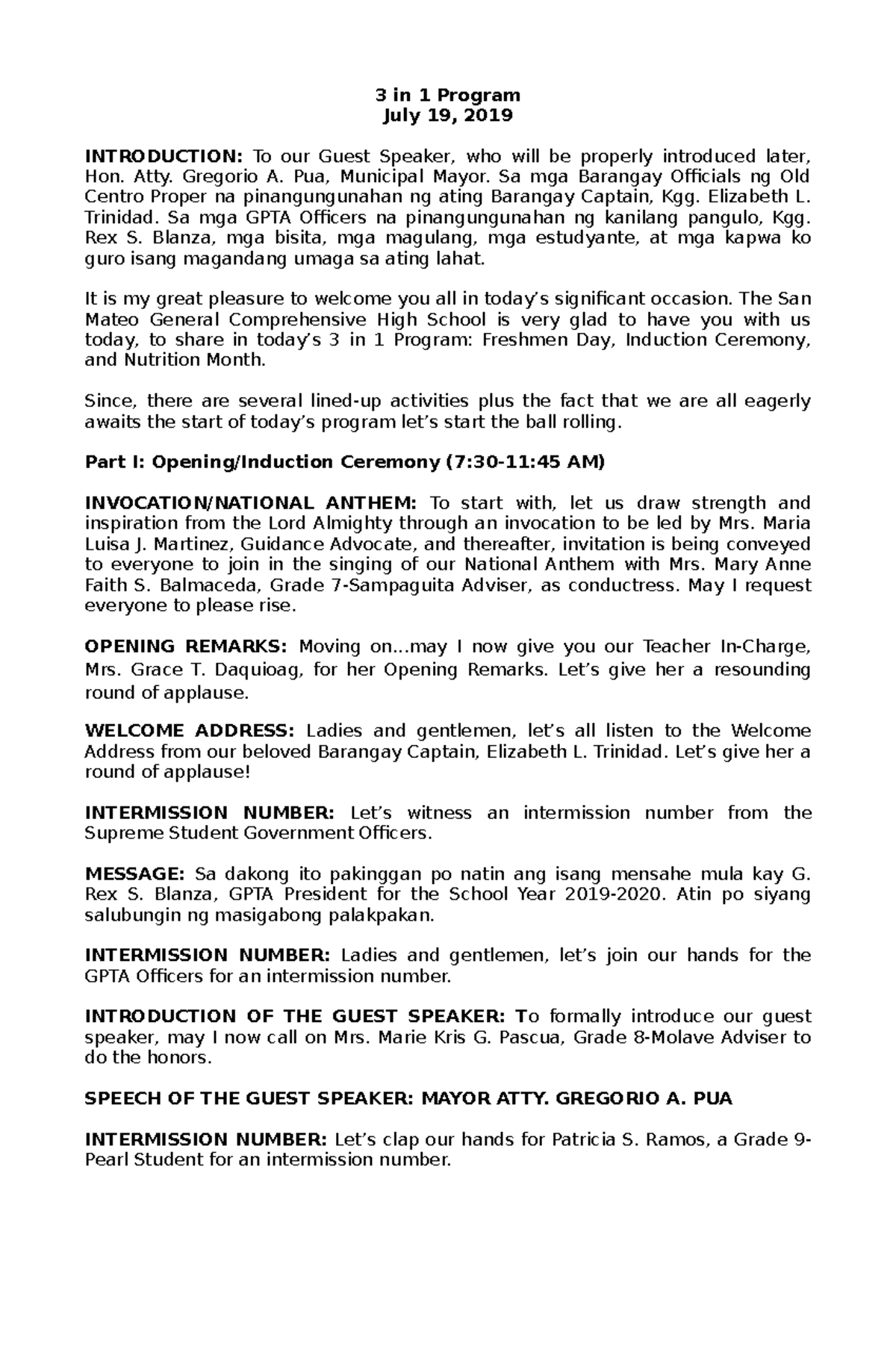 3 in 1 Program - 3 in 1 Program July 19, 2019 INTRODUCTION: To our ...