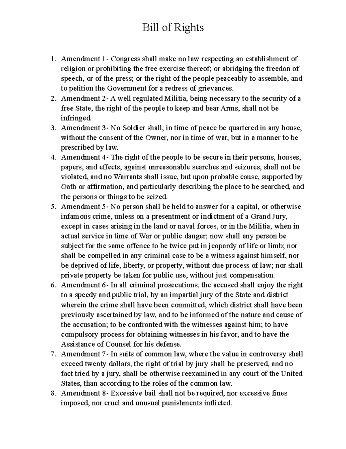 CRJU Week 1 Bill of Rights - Bill of Rights Amendment 1- Congress shall ...