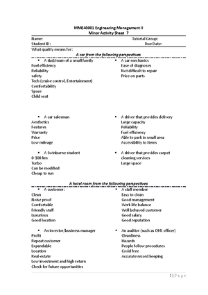 MME40001 Engineering Management 2 Minor Activity sheet 2 - MME40001 ...