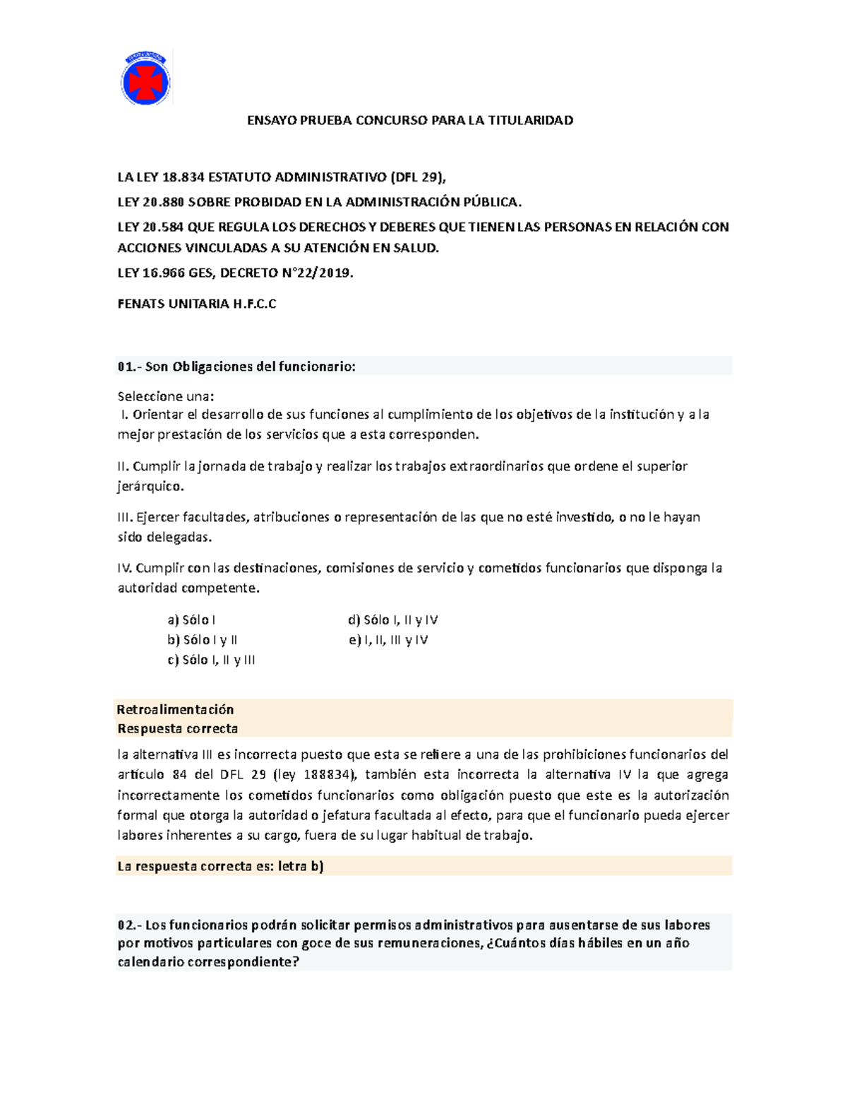 Ensayo Prueba Tecnica Concurso PARA LA Titularidad Ssasur- Fenats ...