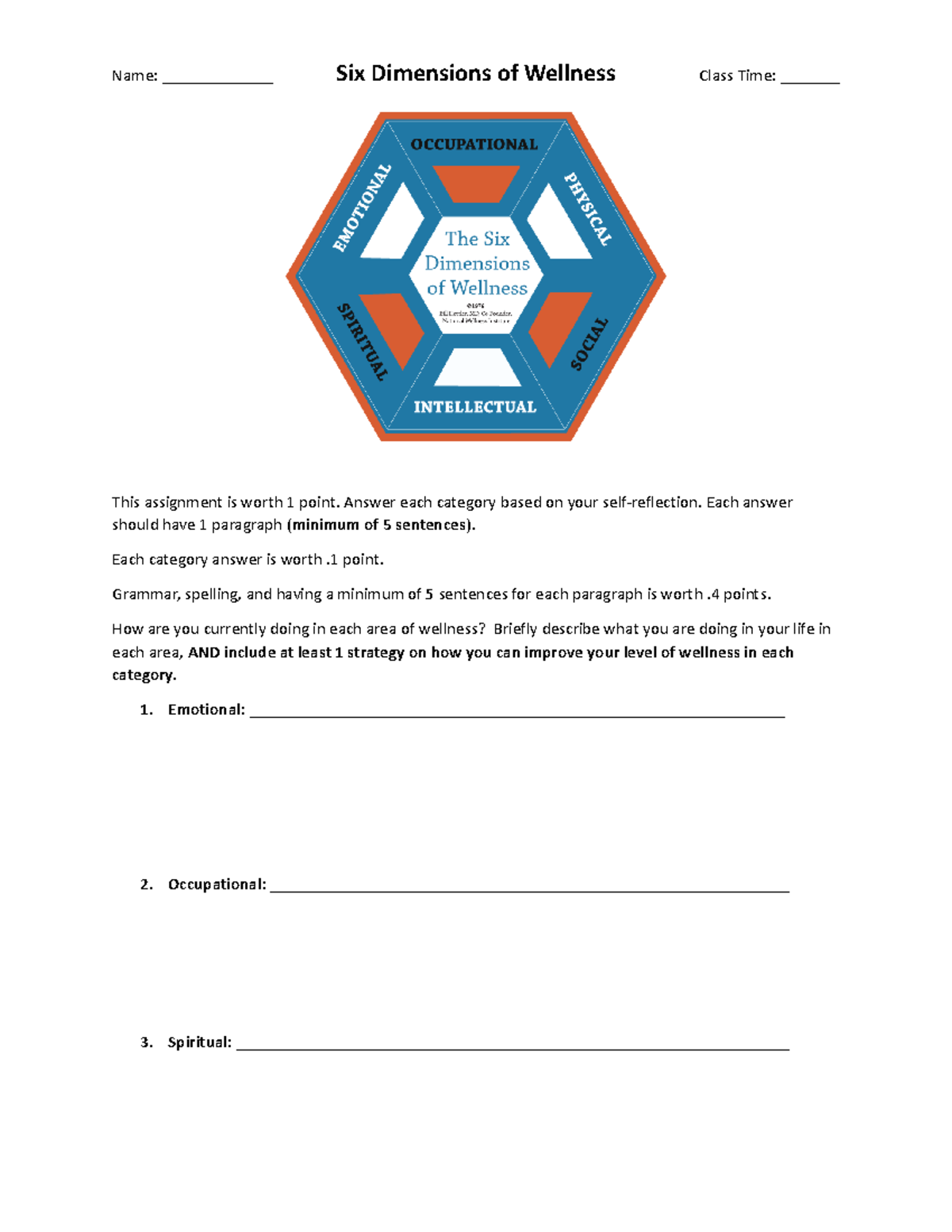 6 Dimensions of Wellness Activity Revised Fall 2023 - Name ...
