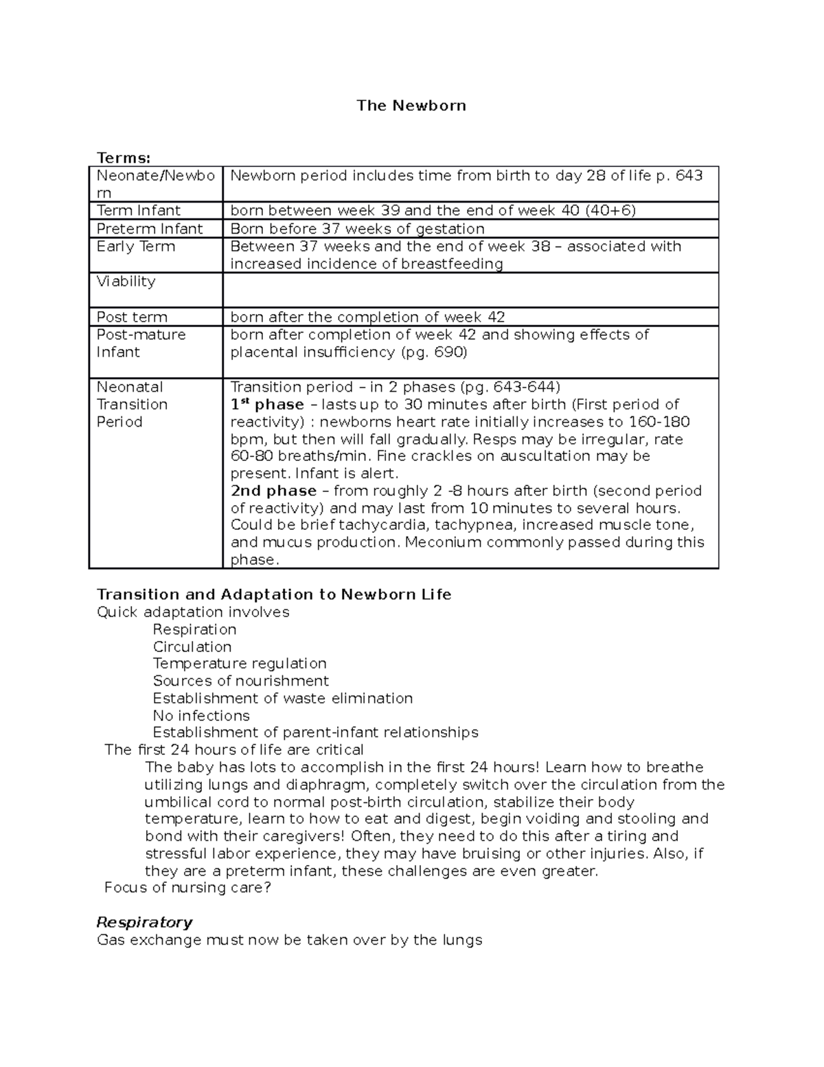 The Newborn - Lecture notes 2 - The Newborn Terms: Neonate/Newbo rn ...