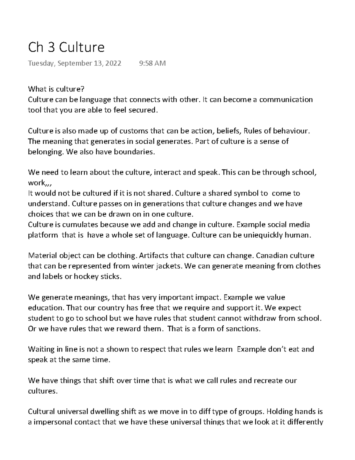 Ch 3 Culture - Lecture note for midterm - What is culture? Culture can ...