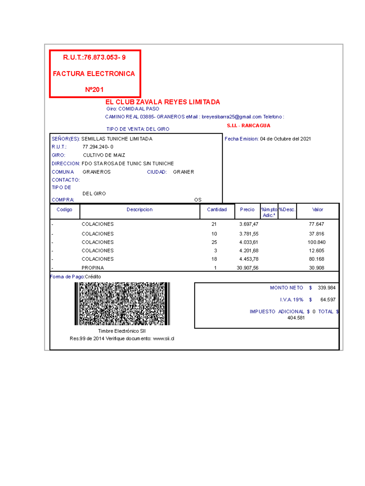 factura de compra y venta de una empresa sociedad - R.U.:76.873- 9 FACTURA ELECTRONICA Nº EL ...
