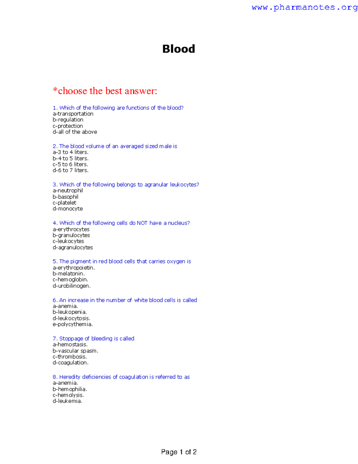 Blood MCQs - Reference - Blood *choose the best answer: Which of the ...