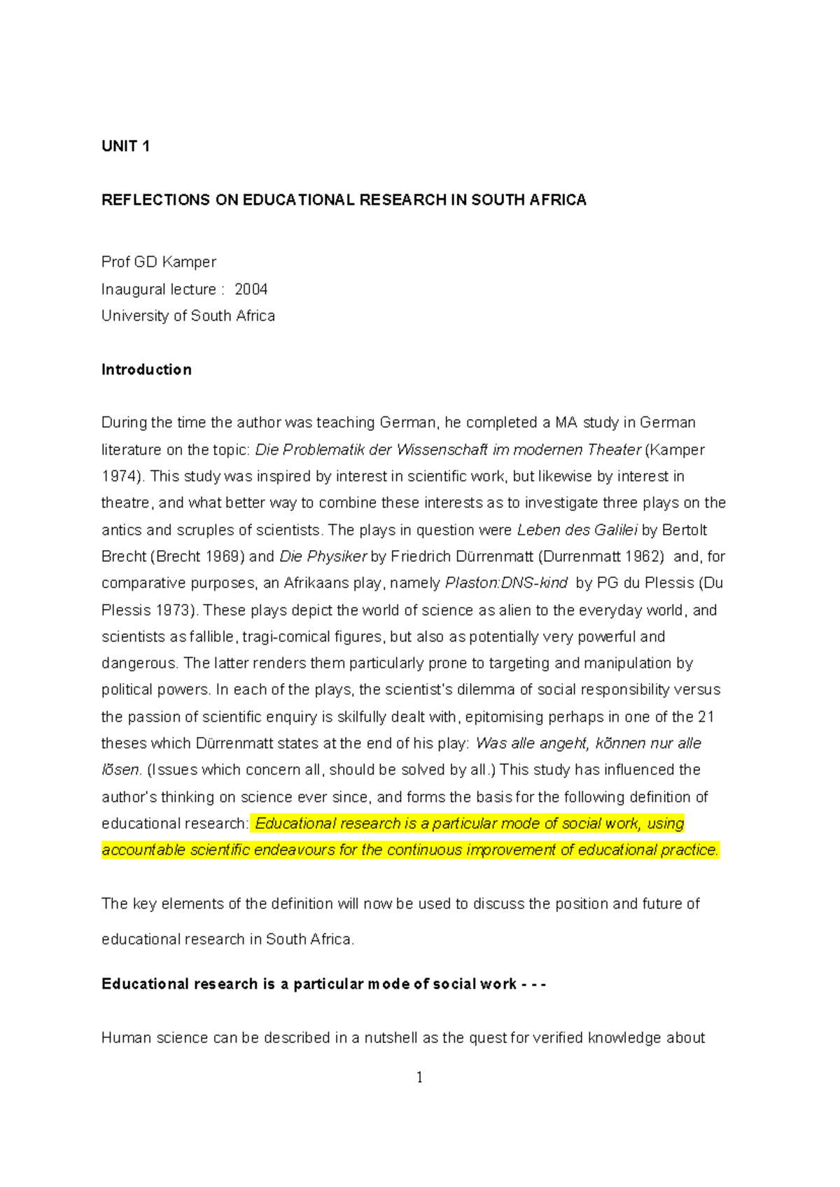 Reader RCE2601 BEd research module (1) - UNIT 1 REFLECTIONS ON ...