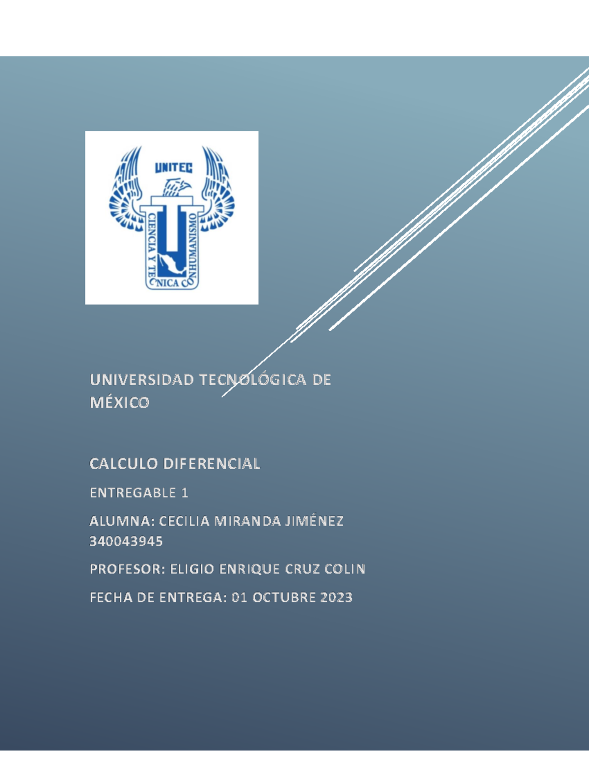 Entregable 1. calculo diferencial - UNIVERSIDAD TECNOLÓGICA DE MÉXICO CALCULO DIFERENCIAL ...