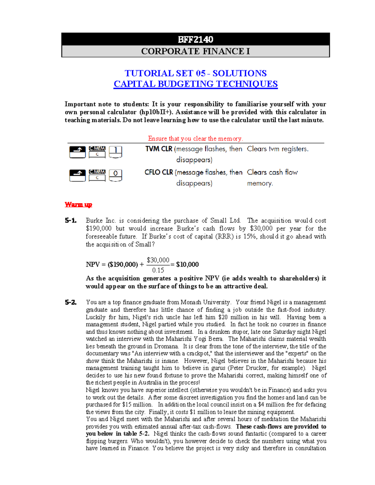 BFF2140 Tutorial SET 05 Solutions Final - BFF 2140 CORPORATE FINANCE I TUTORIAL SET 05 ...