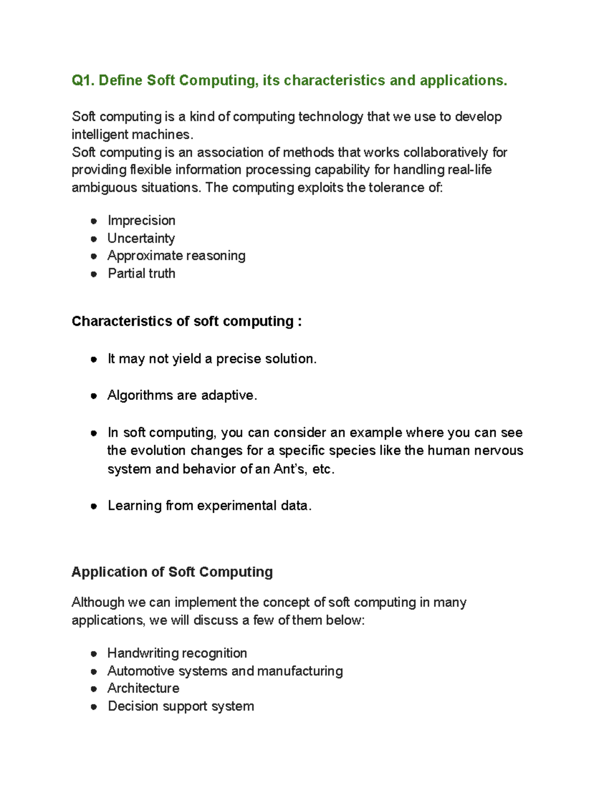Soft Computing answers assignment - Q1. Define Soft Computing, its characteristics and ...