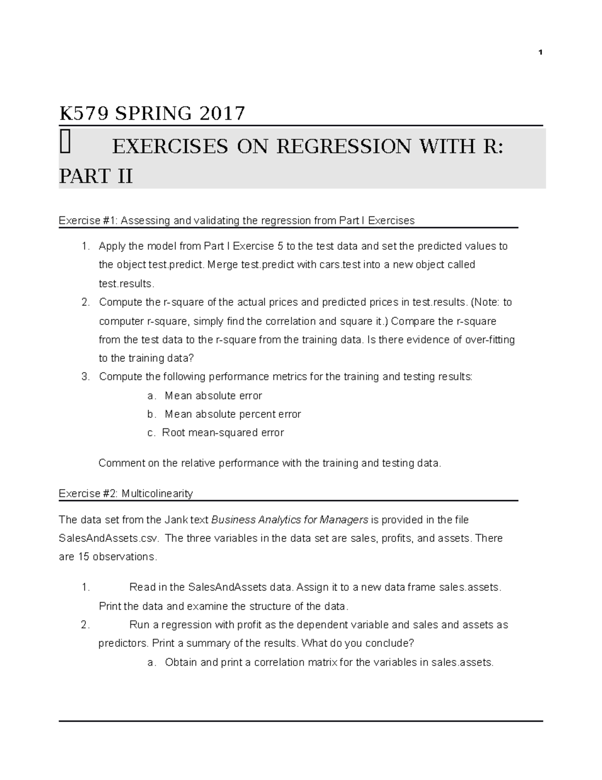 Part IIExercises - Predicting future car prices using R - 1 K579 SPRING 2017 EXERCISES ON - Studocu