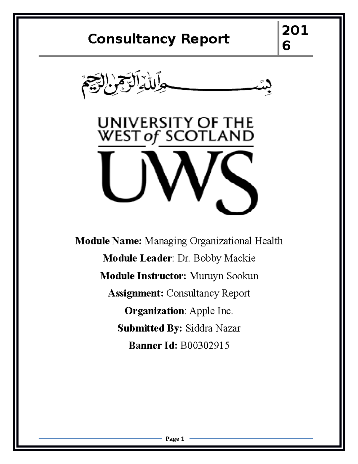 MOH Consultancy Final Report - Consultancy Report Module Name: Managing Organizational Health ...