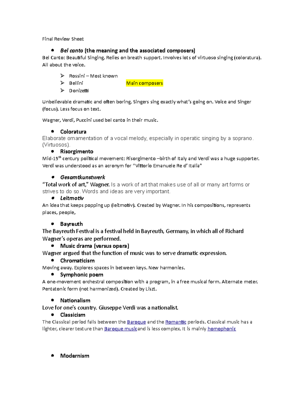 Final Review Sheet for Music - Final Review Sheet Bel canto (the ...