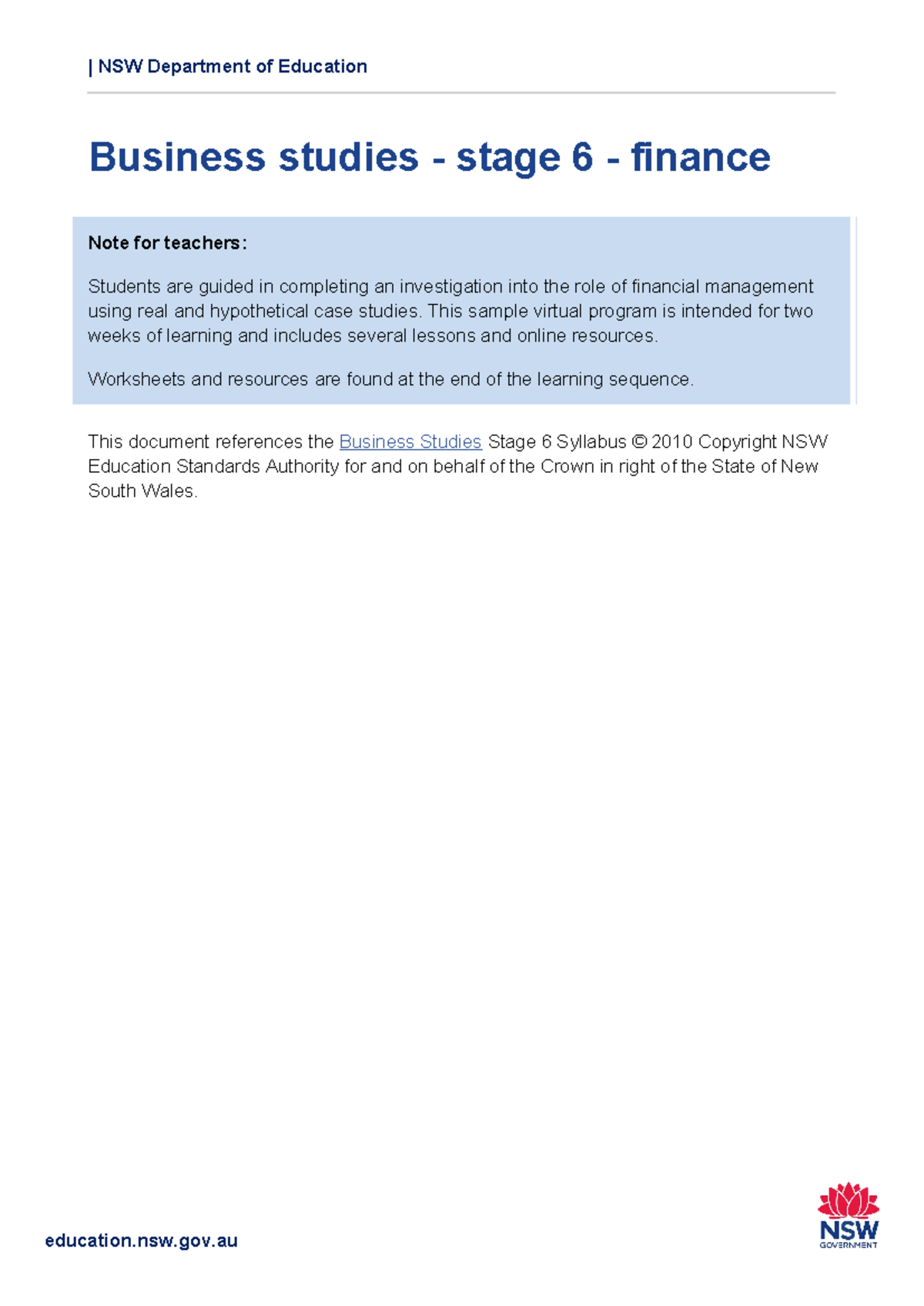 Finance hsie business studies s6 update rl - | NSW Department of ...