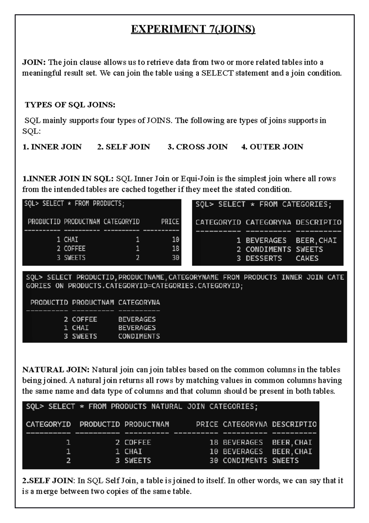 Dbms Exp 7 Lab Expeiments Experiment 7joins Join The Join Clause Allows Us To Retrieve