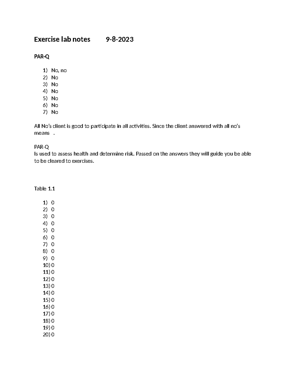Exc Lab 1 Lab 1 Exercise Lab Notes 9 8 Par Q 1 No No 2 No 3 No 4 No 5 No 6 No 7 No