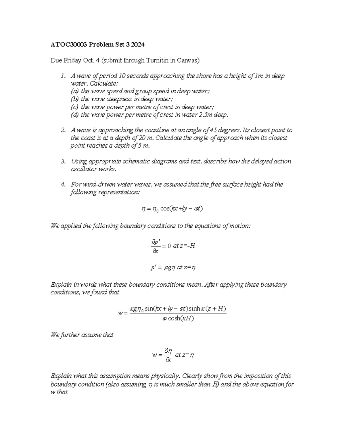 Problem set 3 2024 - ATOC30003 Problem Set 3 2024 Due Friday Oct. 4 (submit through Turnitin in ...