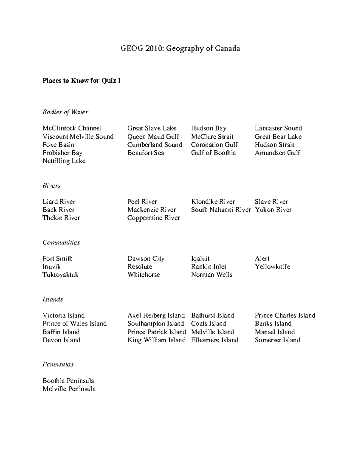 Quiz 1 Places to Know - GEOG 2010: Geography of Canada Places to Know ...