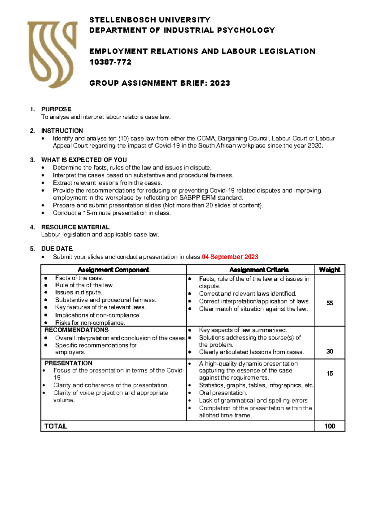 Assignment 1 ER LR 2023 - STELLENBOSCH UNIVERSITY DEPARTMENT OF ...