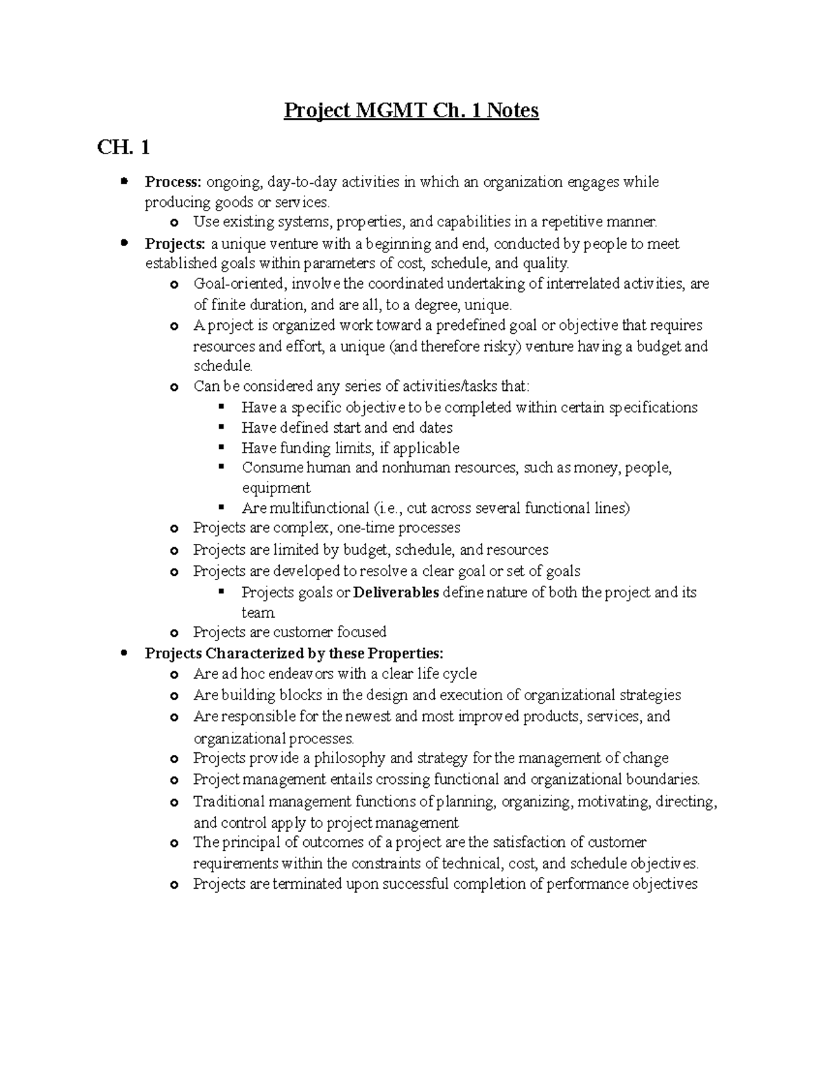 All Project MGMT Notes Ch 1-8 & 12 - Project MGMT Ch. 1 Notes CH. 1 ...