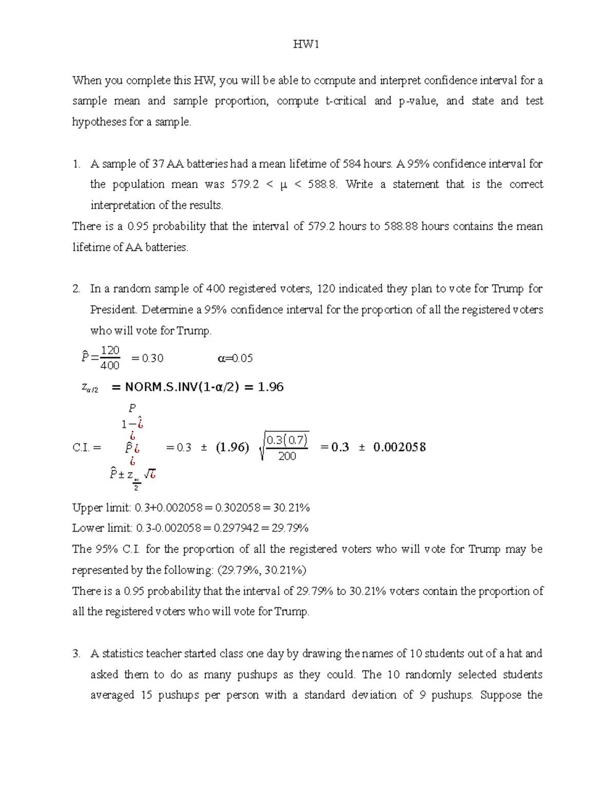 HW1 - compute and interpret confidence interval for a sample mean and ...