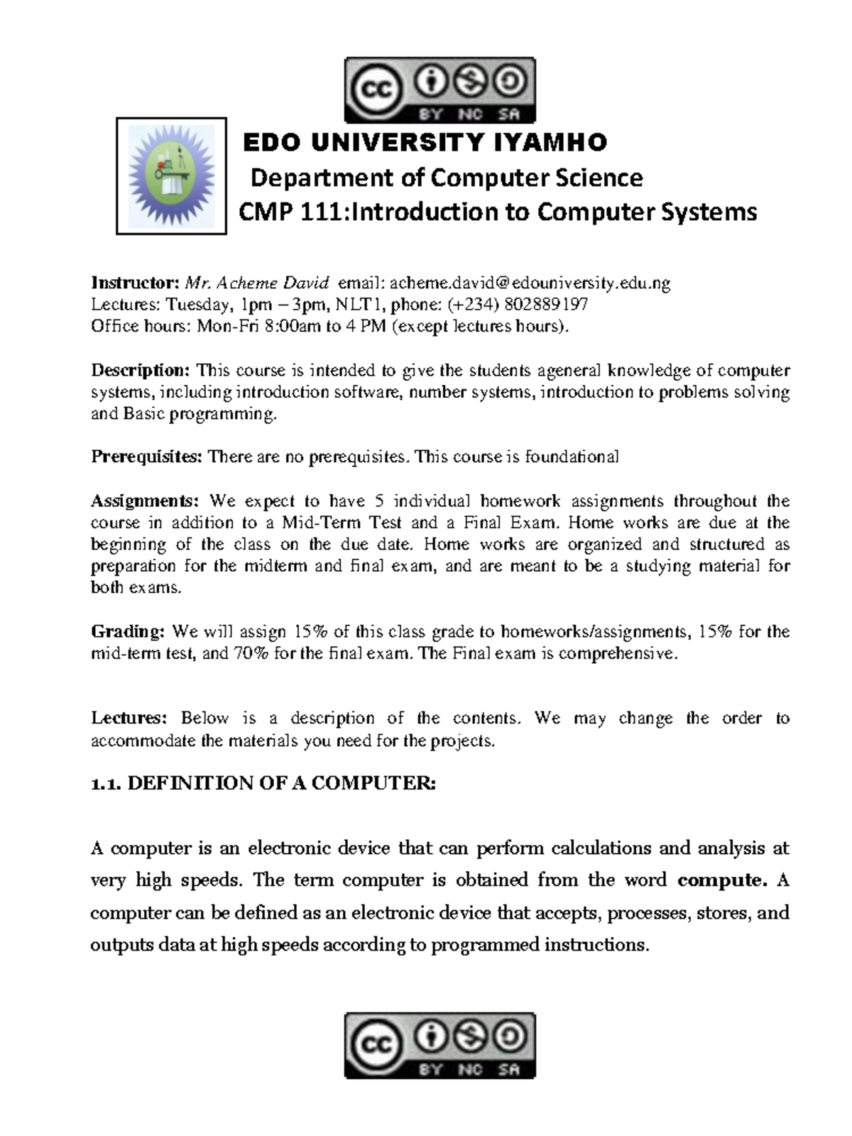 Introduction to computer systems - EDO UNIVERSITY IYAMHO Department of ...
