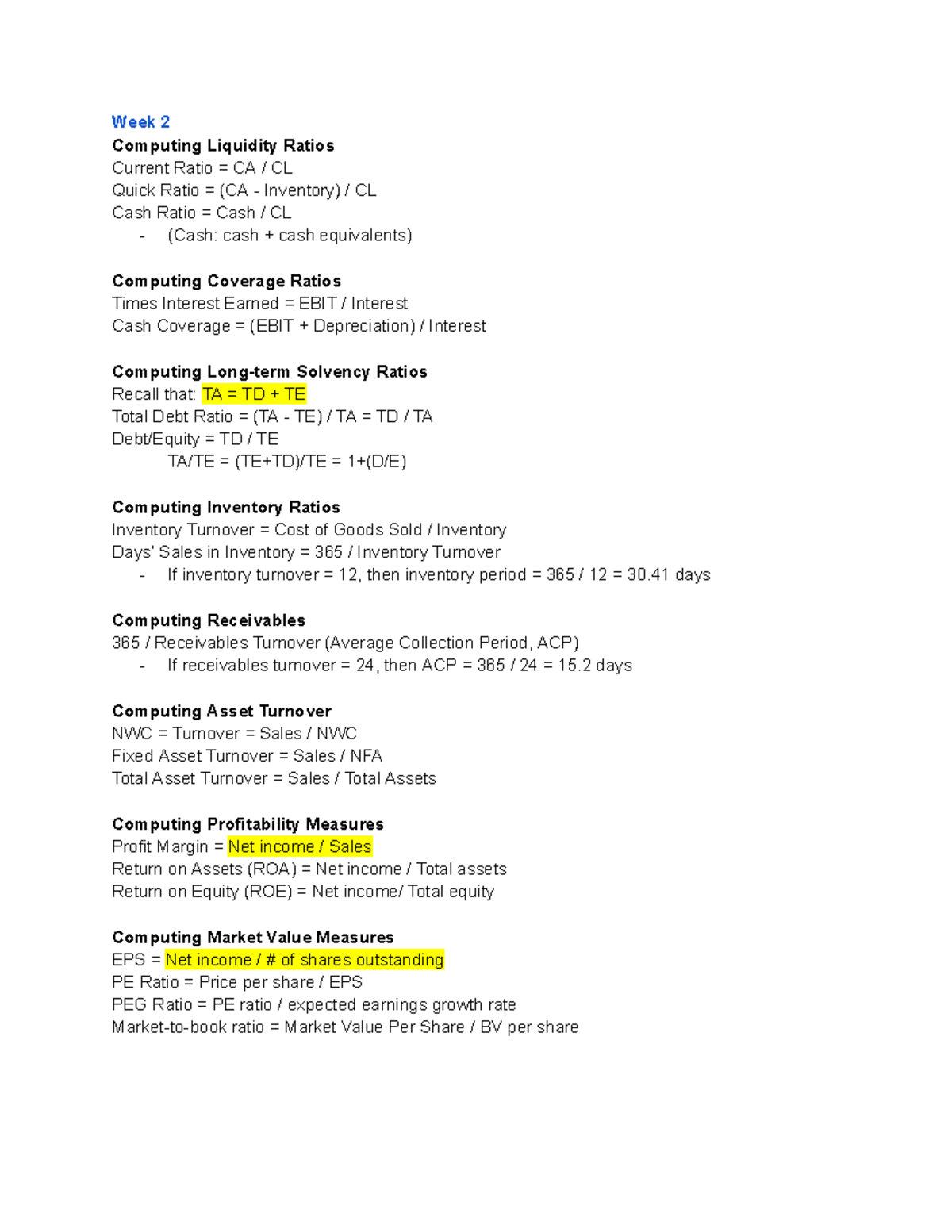 2310B lecture notes - Week 2 Computing Liquidity Ratios Current Ratio ...