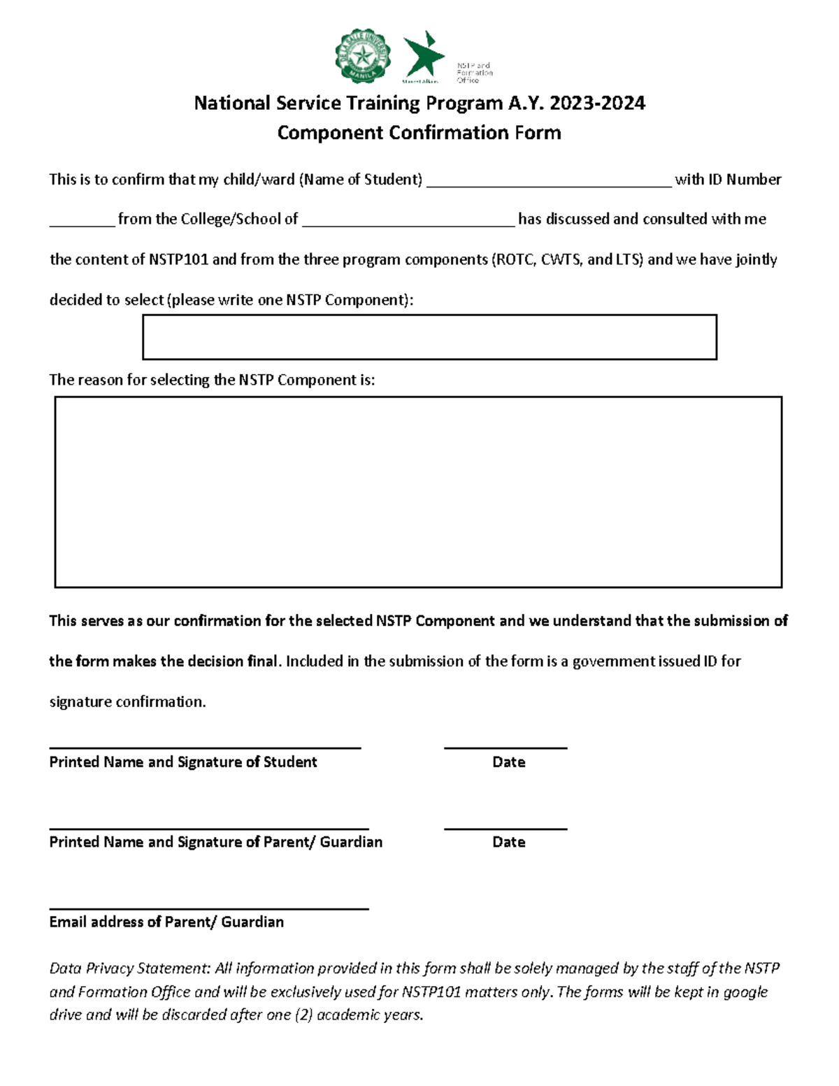 NSTP 101 Component Confirmation Form AY 2023 2024 - National Service ...