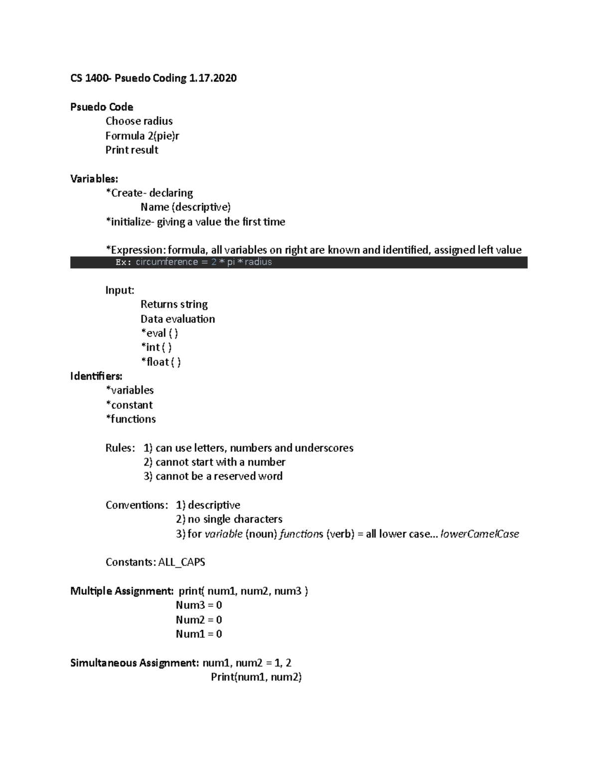 CS "Psuedo Codes" - Chad Mano - CS 1400- Psuedo Coding 1. Psuedo Code Choose radius Formula 2 ...