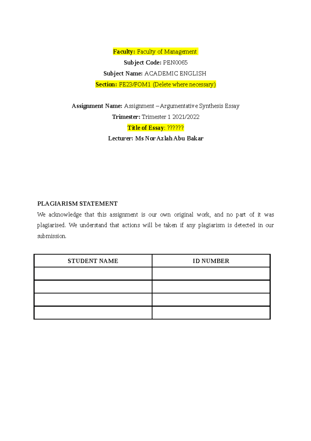 W3 Assignment Essay Outline Template - Faculty: Faculty of Management ...