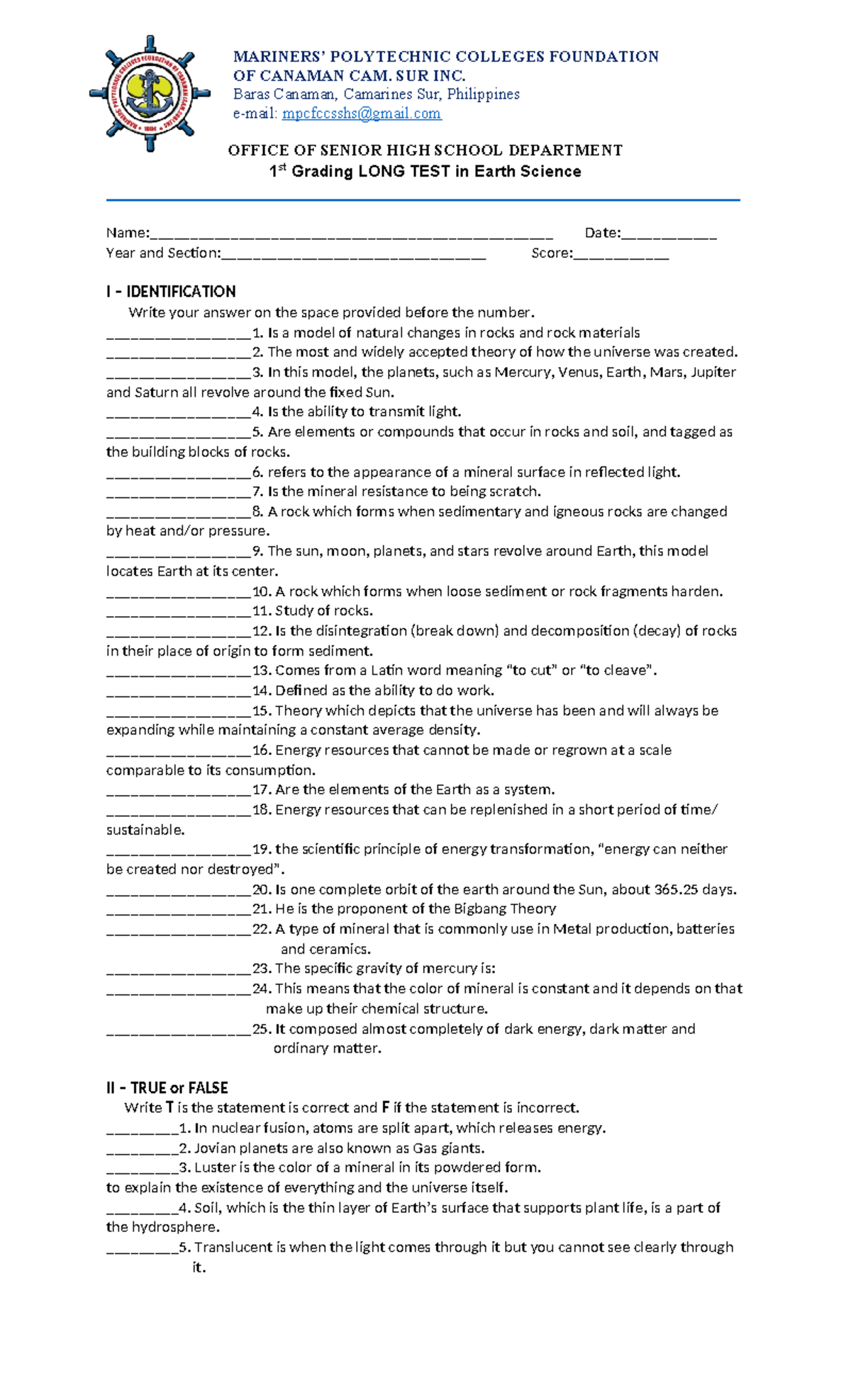 Earrthscience 1st-quarterlongtest - MARINERS’ POLYTECHNIC COLLEGES ...