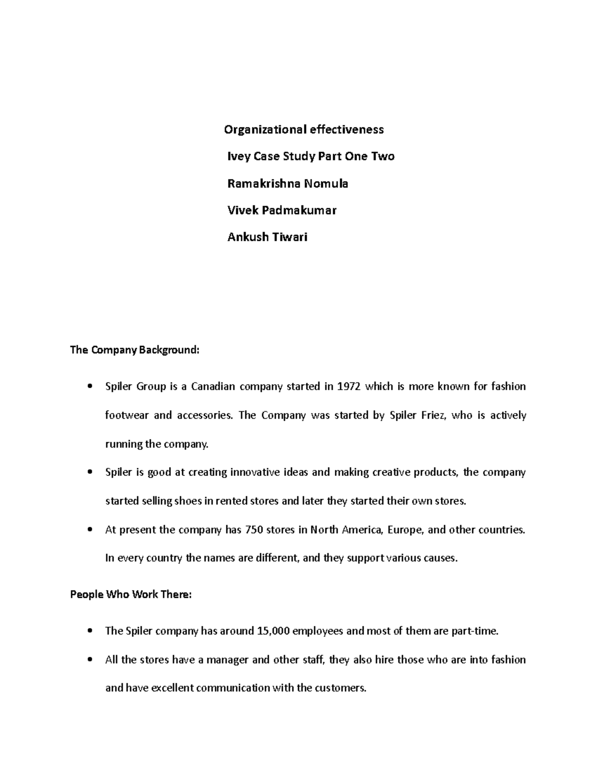 Spiler IVEY CASE Study PART TWO - Organizational effectiveness Ivey ...