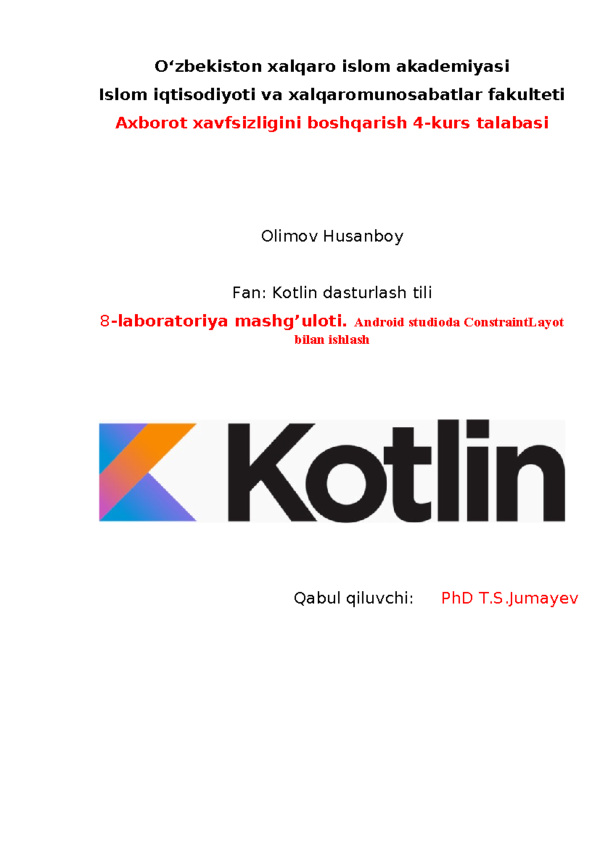Olimov 8kotlin - O‘zbekiston xalqaro islom akademiyasi Islom ...
