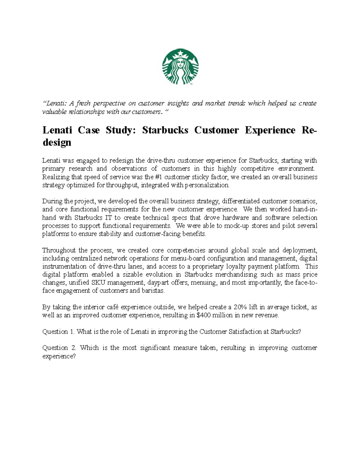 Case 1- Starbucks - “Lenati: A fresh perspective on customer insights ...