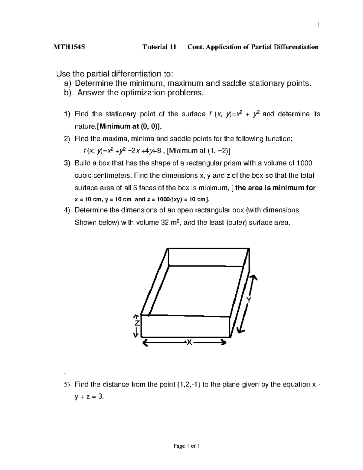 Tutorial 11 Continue application partial differivatives - Page 1 of 1 1 MTH154S Tutorial 11 Cont ...