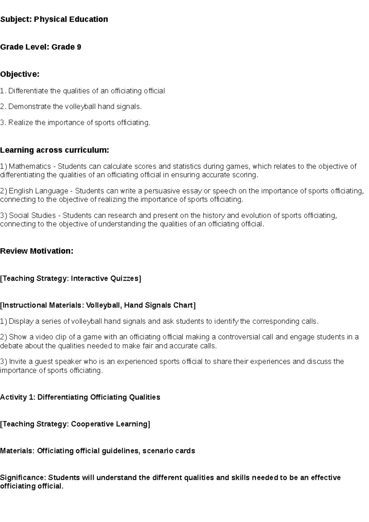 Lesson plan - Subject: Physical Education Grade Level: Grade 9 ...