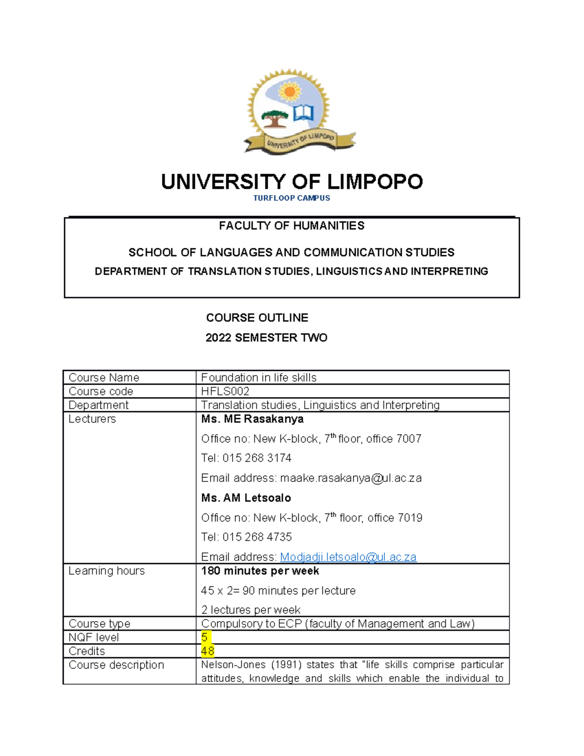 Course outline 2022 semester two - UNIVERSITY OF LIMPOPO TURFLOOP ...