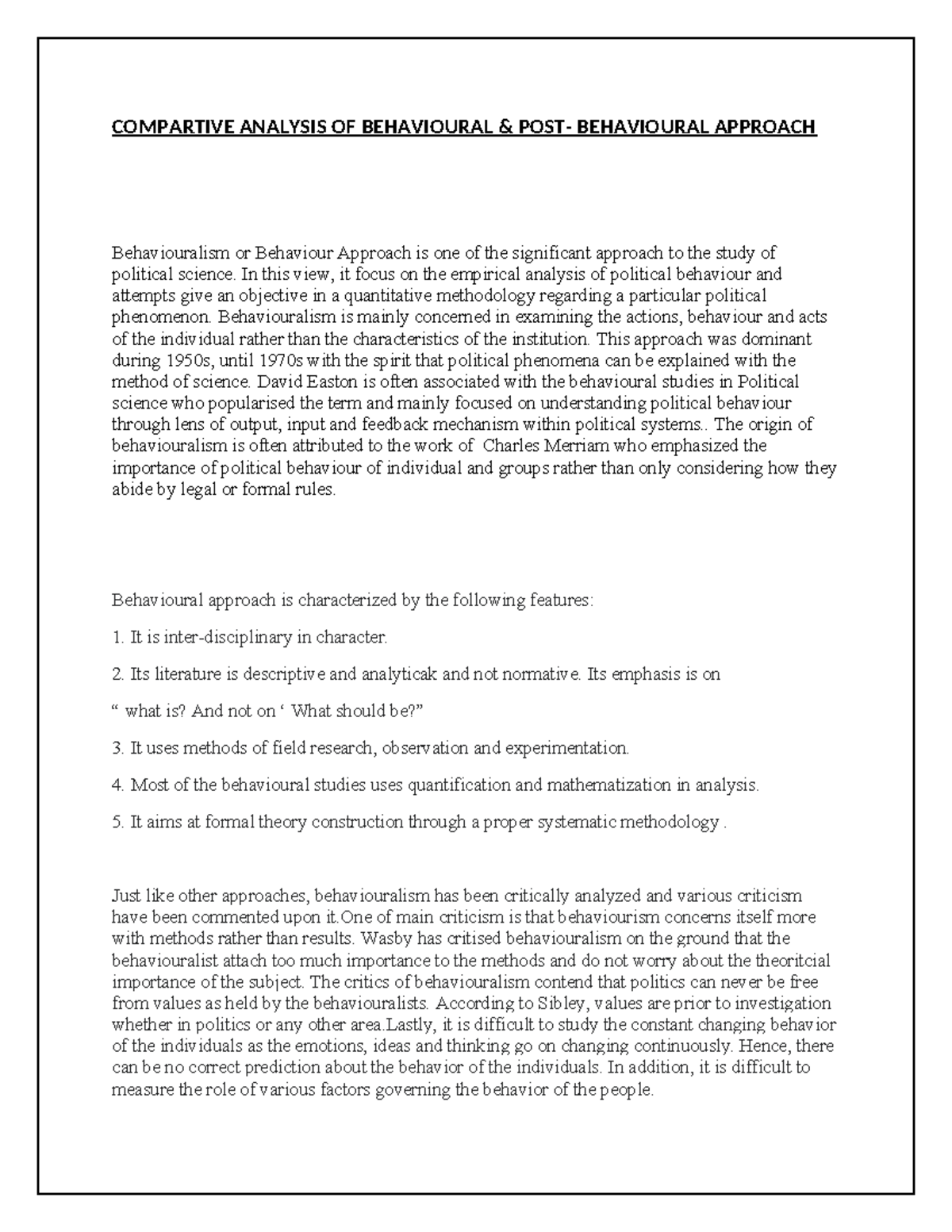 Behaviouralism and post beahvioralism - COMPARTIVE ANALYSIS OF ...