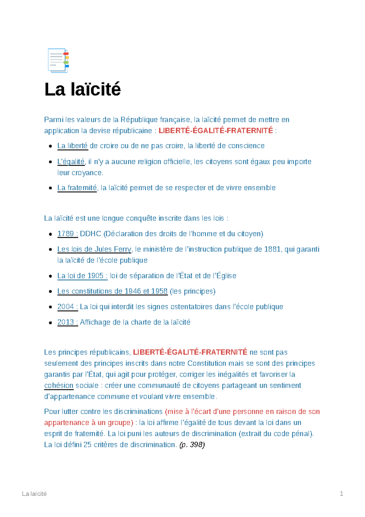 La laïcité - EMC 3e - La laïcité 1 ¿ La laïcité Parmi les valeurs de la ...